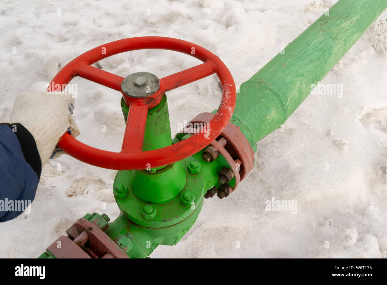 Horizontal view of a wellhead with valve armature. Oil and gas industry ...