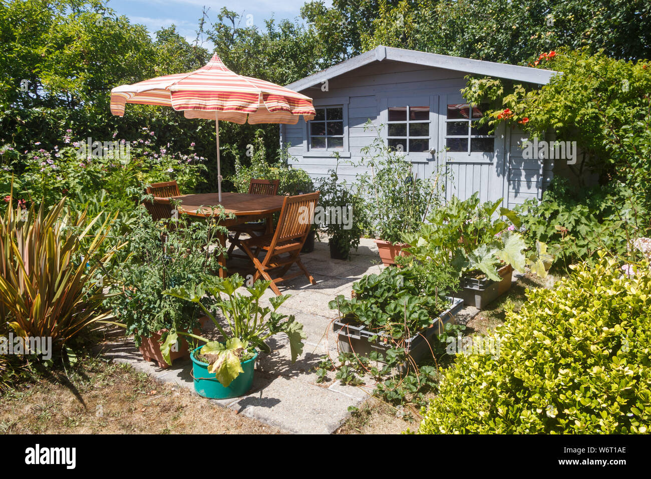Shed with terrace and wooden garden furniture during summer Stock Photo ...