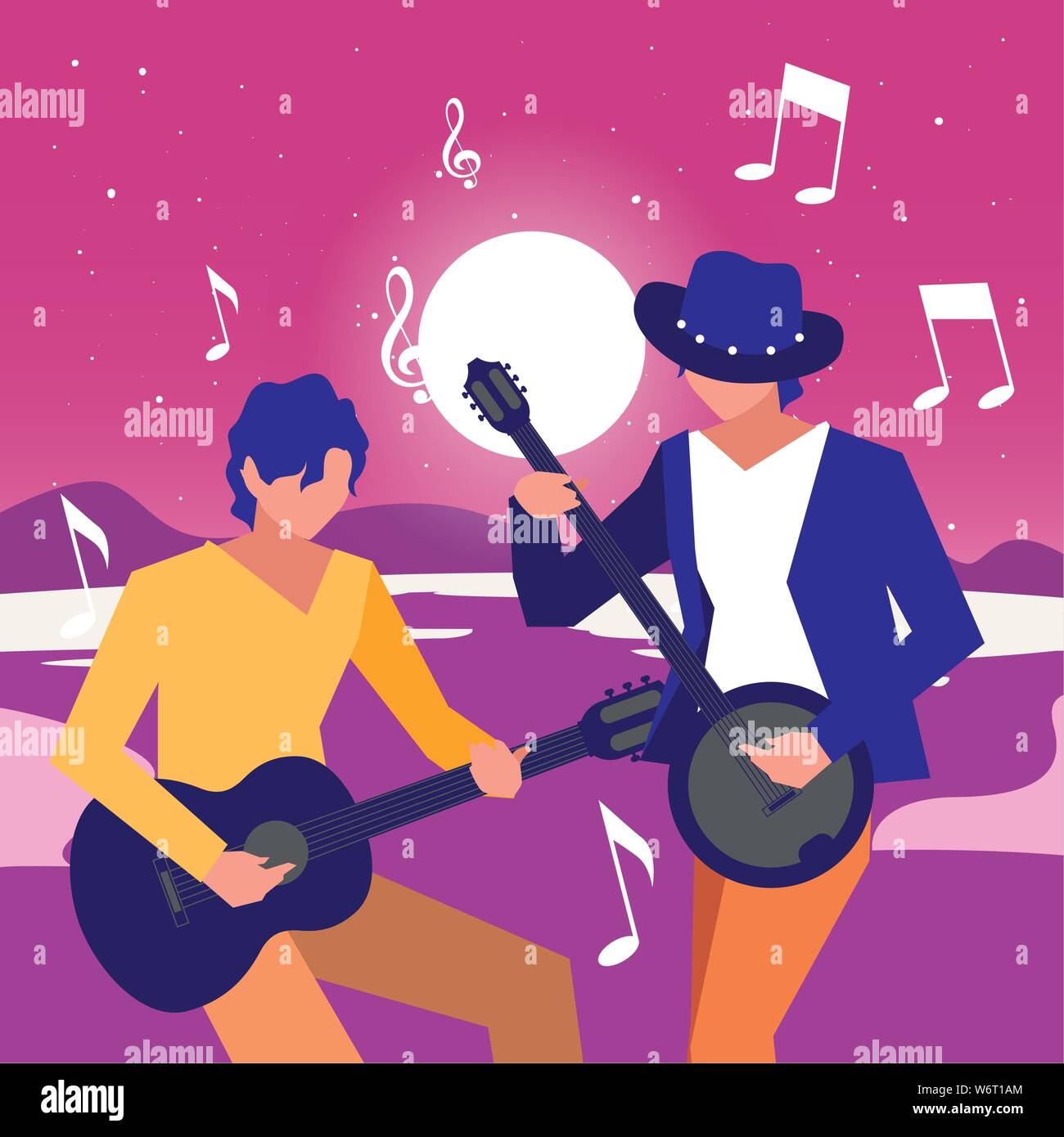 two male musicians playing musical instruments vector illustration ...