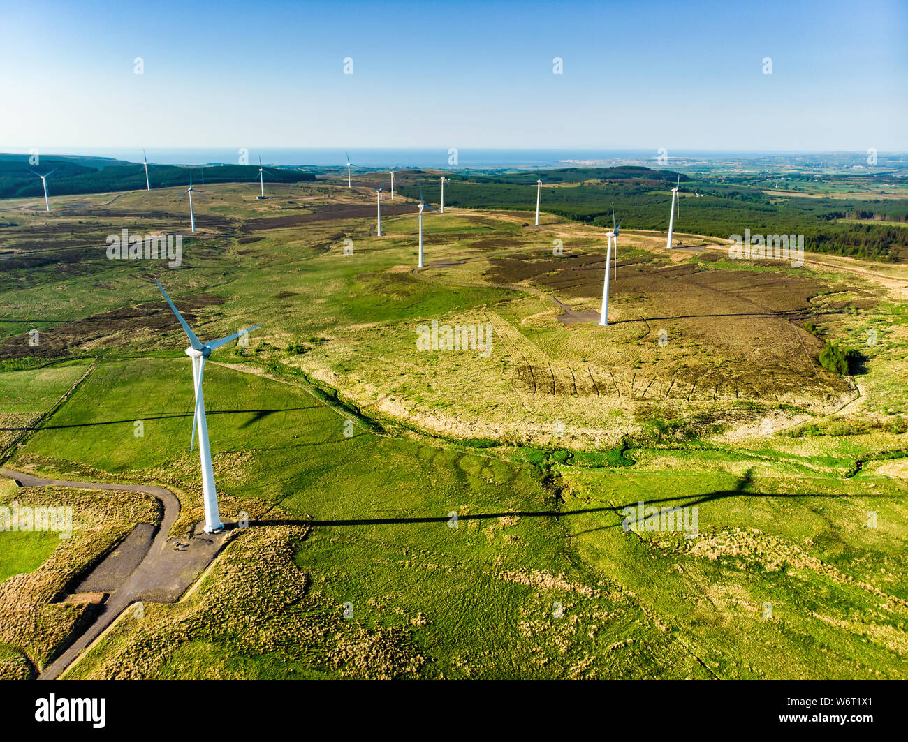 Aerial view of wind turbines generating power, located in famous ...