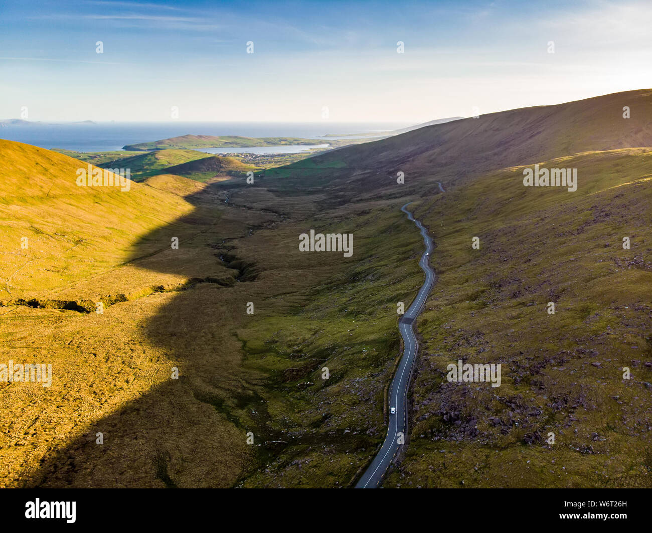 Aerial view of Conor Pass, one of the highest Irish mountain passes ...