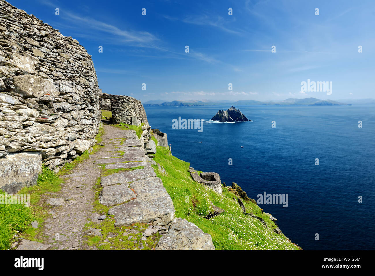 Skellig Michael or Great Skellig, home to the ruined remains of a ...