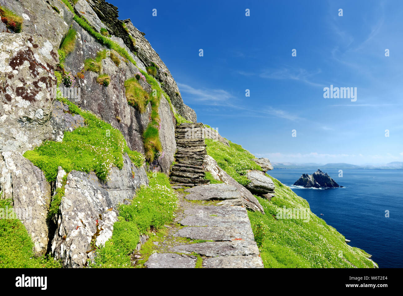 Skellig Michael or Great Skellig, home to the ruined remains of a ...