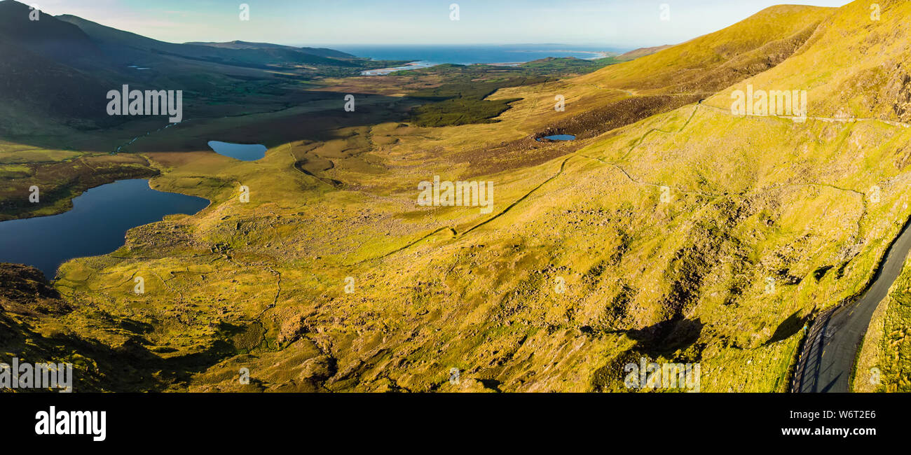 Aerial view of Conor Pass, one of the highest Irish mountain passes ...