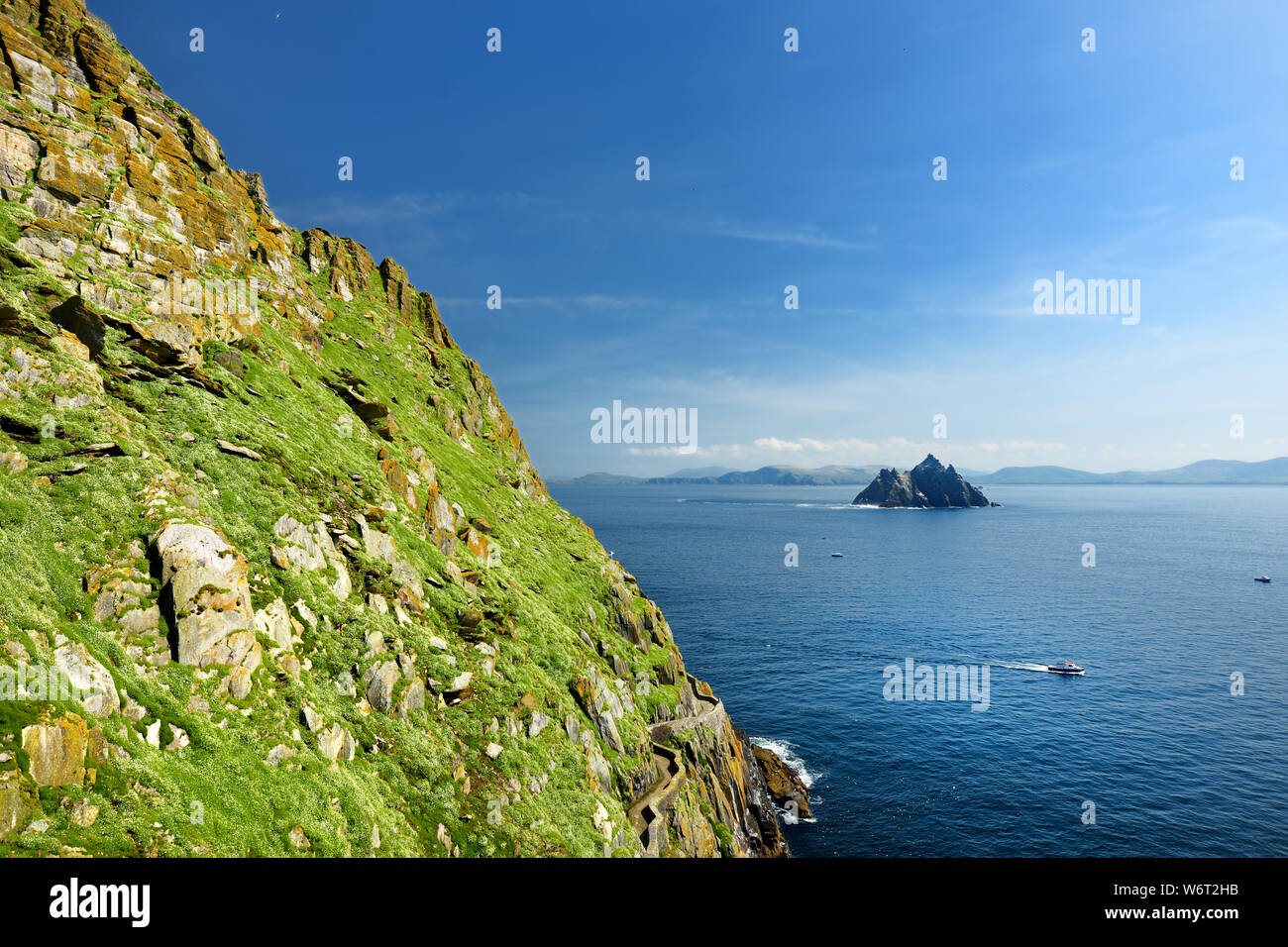 Skellig Michael or Great Skellig, home to the ruined remains of a ...
