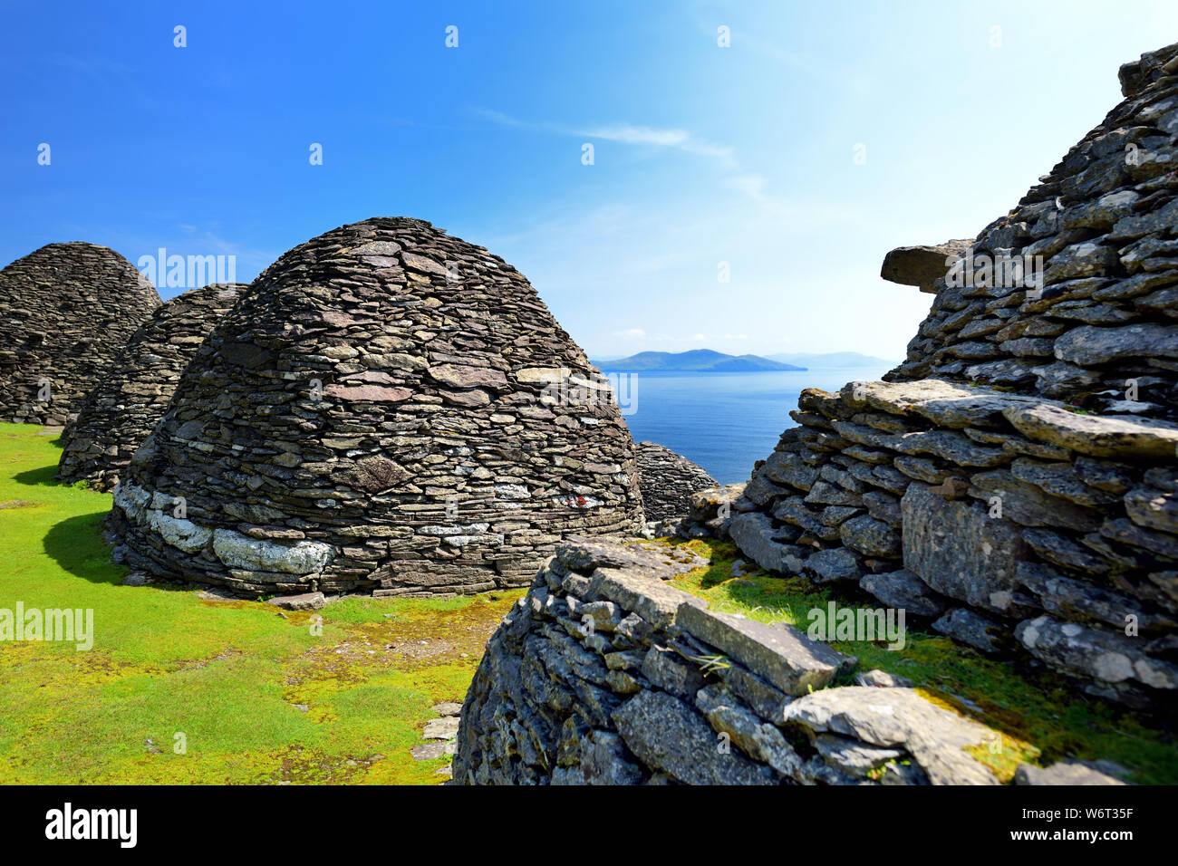 Skellig Michael or Great Skellig, home to the ruined remains of a ...