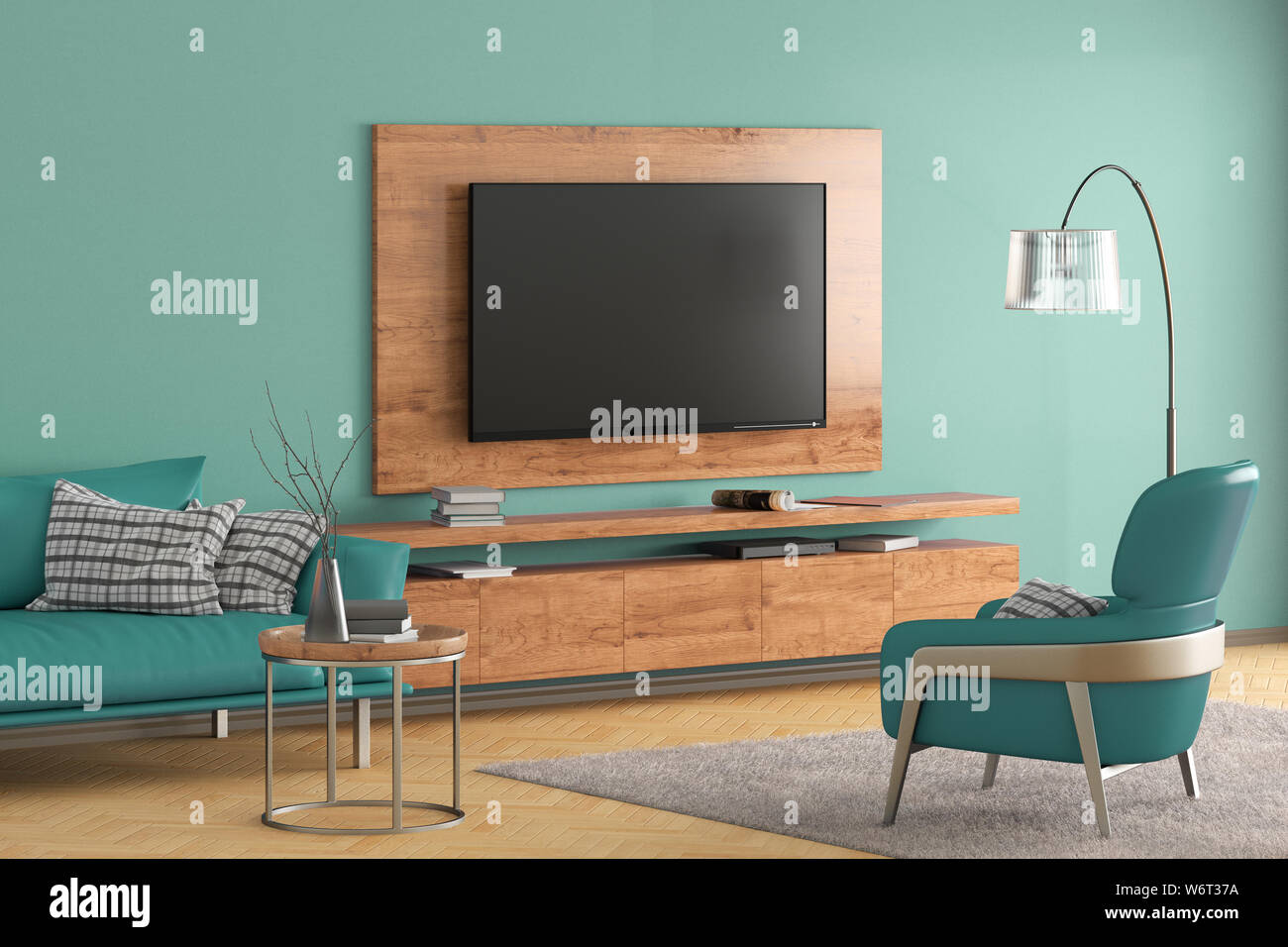 TV on the turquoise wall of modern living room with cabinet, cyan ...