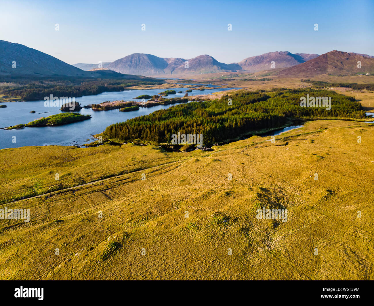 Beautiful aerial sunset view of Connemara region in Ireland. Scenic ...