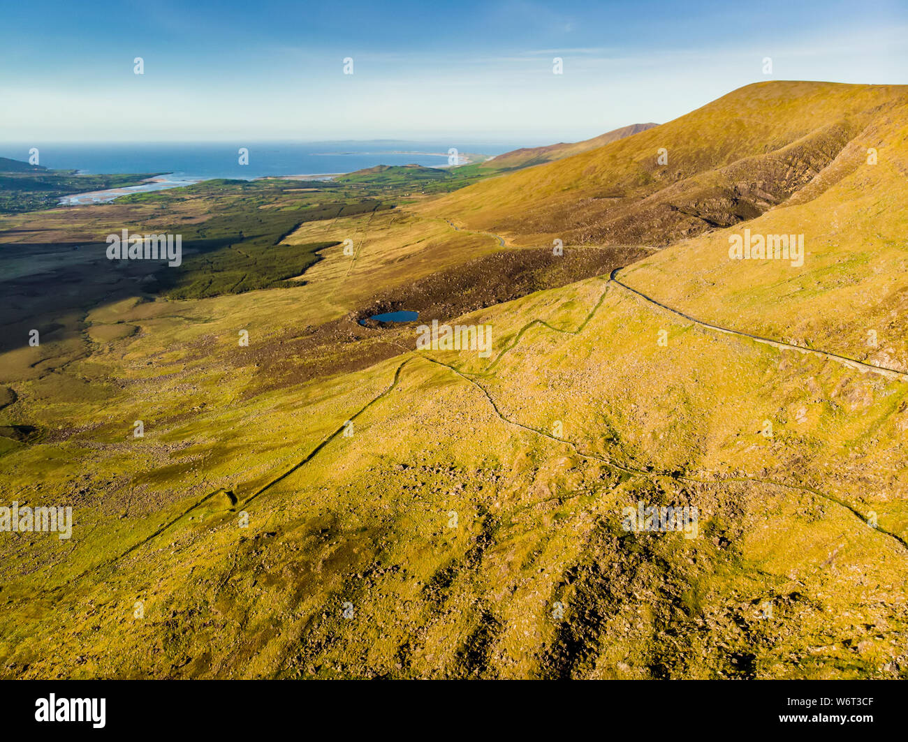 Aerial view of Conor Pass, one of the highest Irish mountain passes ...