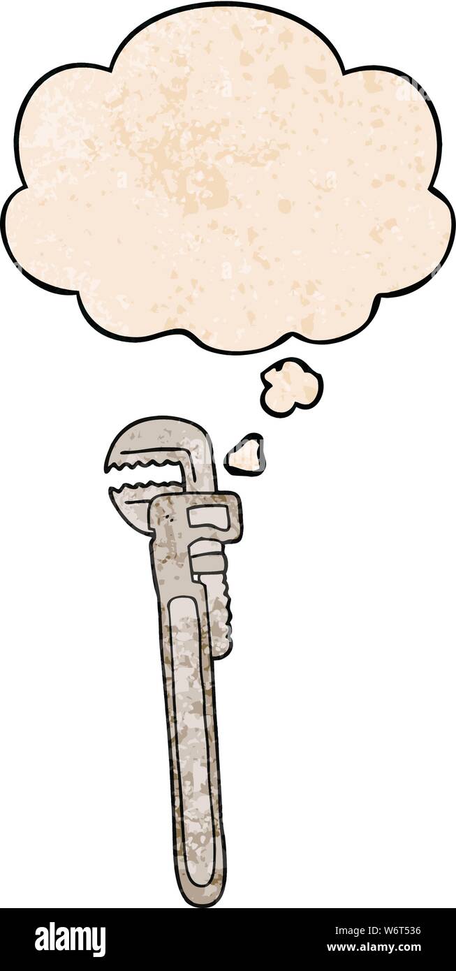 cartoon adjustable wrench with thought bubble in grunge texture style ...