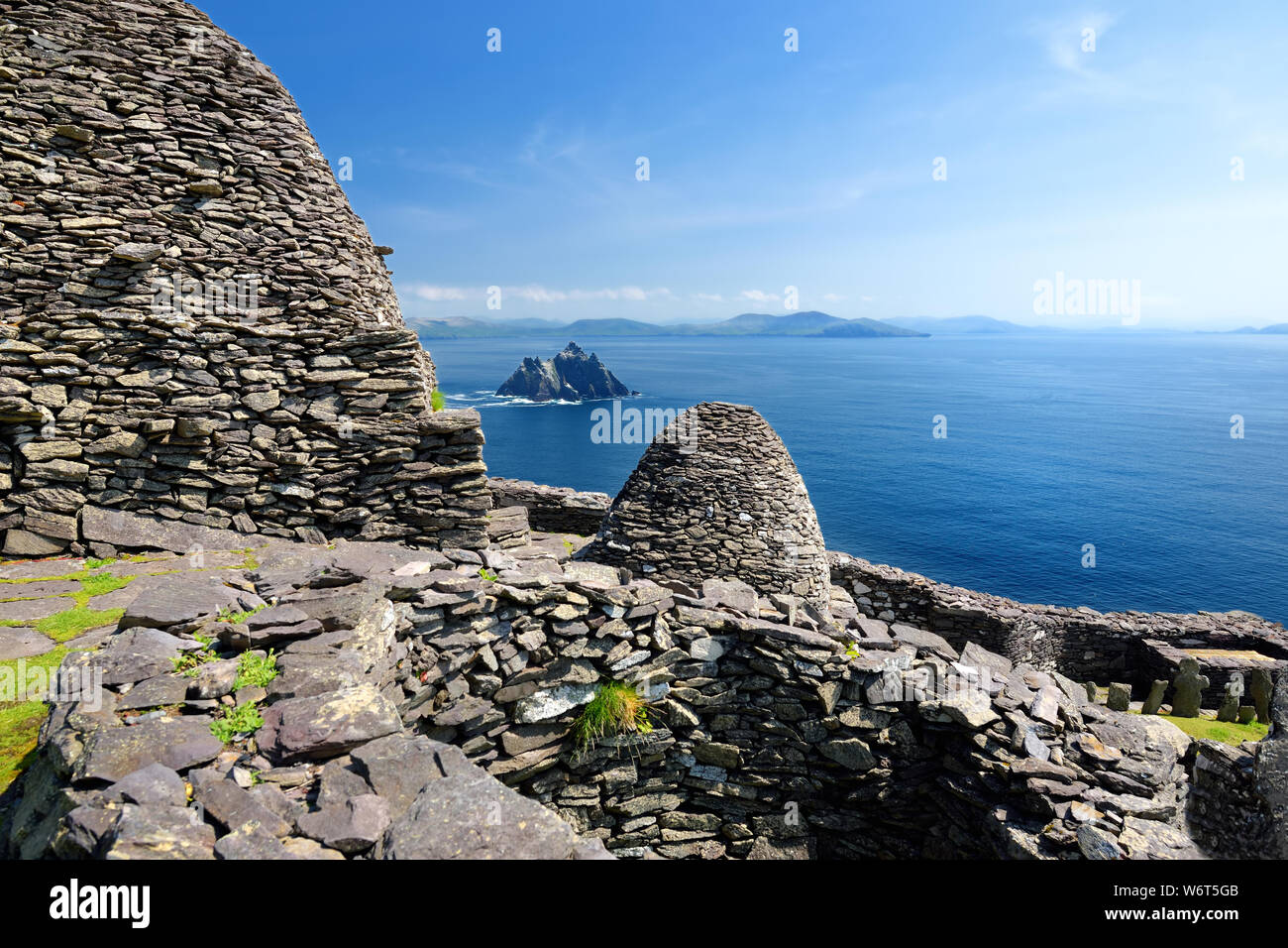 Skellig Michael or Great Skellig, home to the ruined remains of a ...