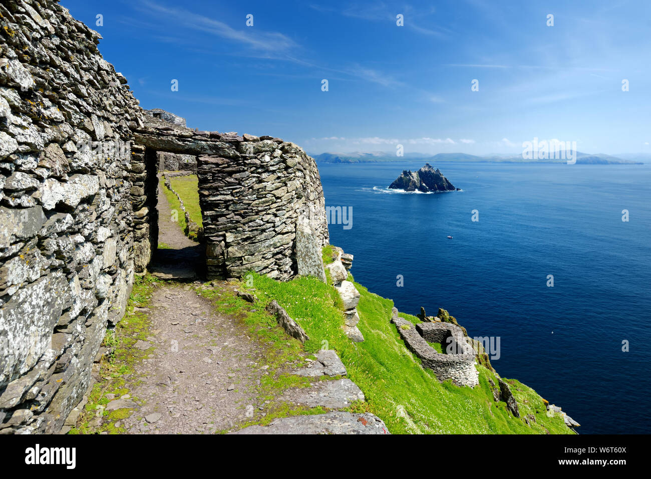 Skellig Michael or Great Skellig, home to the ruined remains of a ...