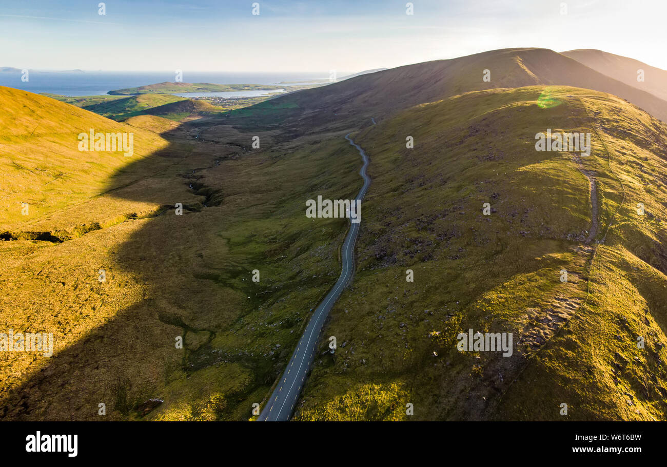 Aerial view of Conor Pass, one of the highest Irish mountain passes ...