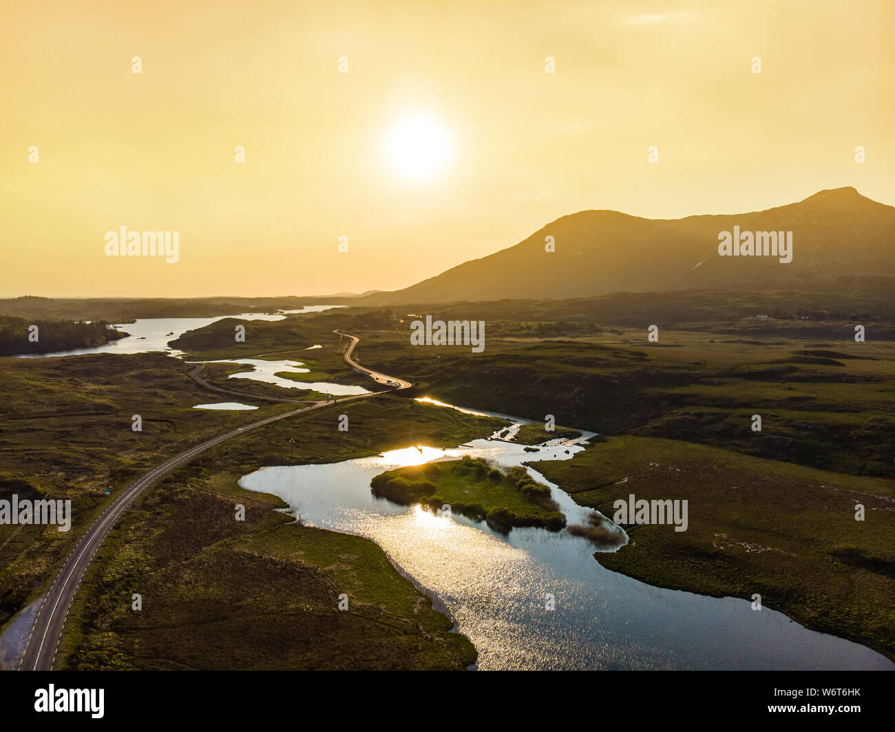 Beautiful aerial sunset view of Connemara region in Ireland. Scenic ...