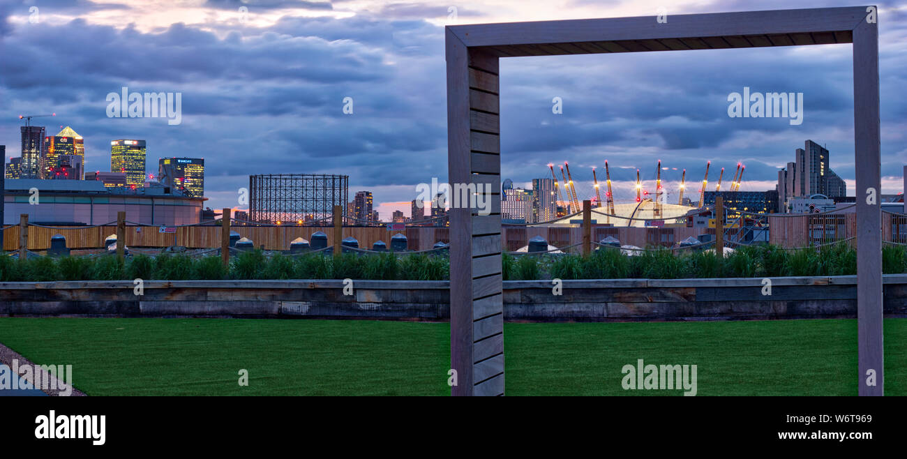 North Greenwich peninsular O2 Dome and Canary Wharf at summer night ...