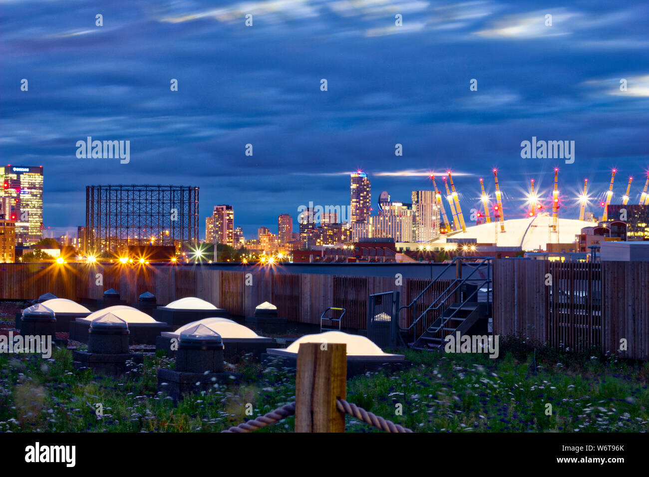 North Greenwich peninsular at summer night overlooking O2 building ...