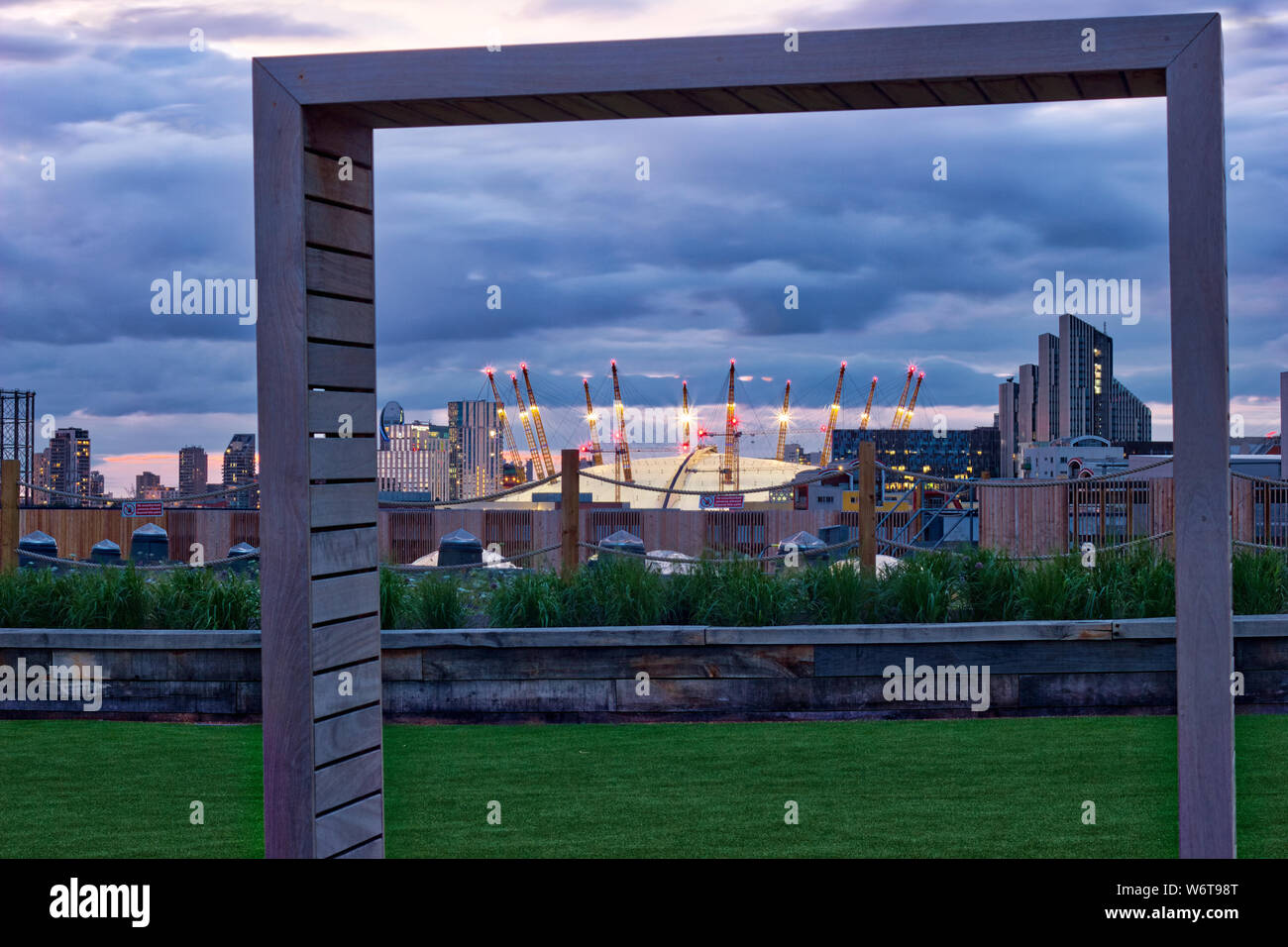 North Greenwich peninsular at summer night view of O2 Dome, England, UK ...