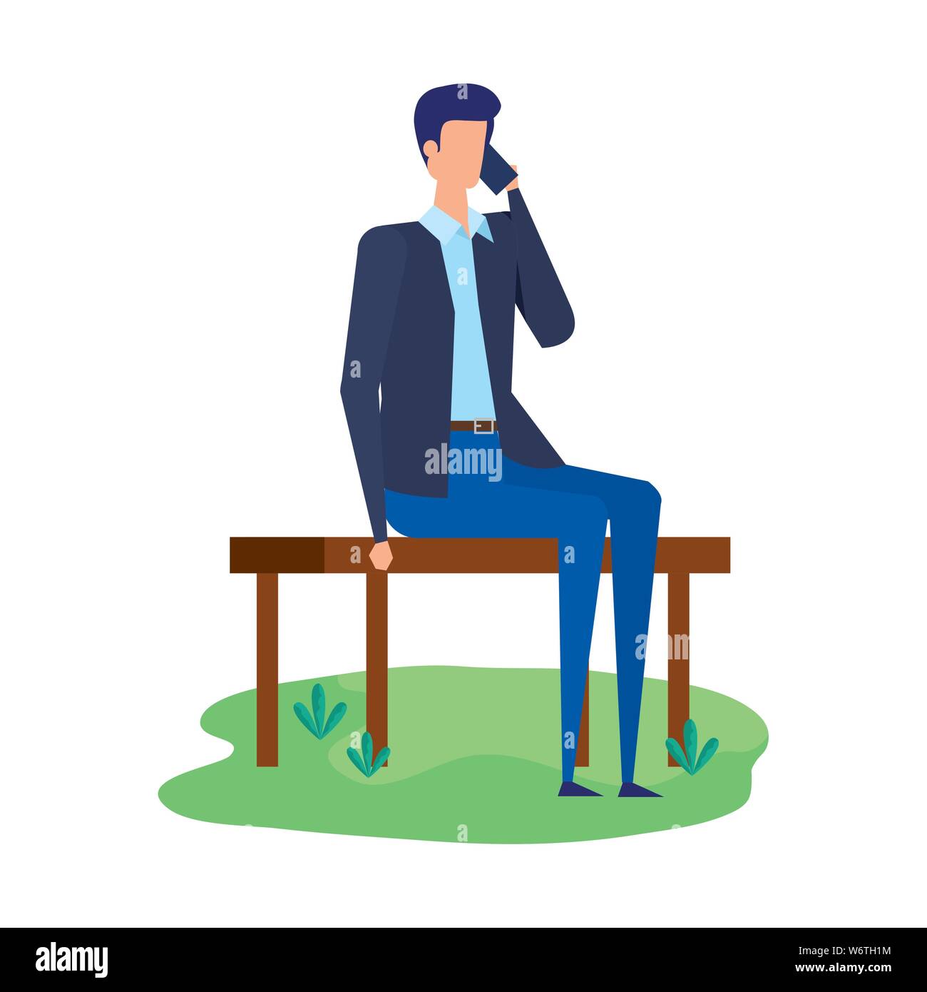 elegant businessman calling with smartphone seated in the park chair ...