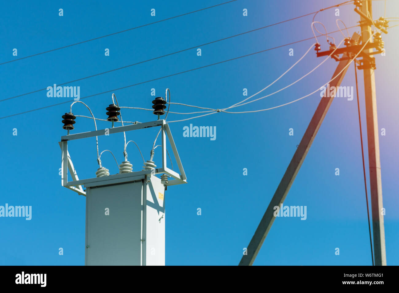 High voltage power transformer substation. Power Transmission Line ...