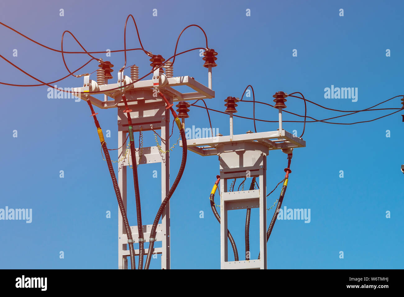 High voltage power transformer substation. Power Transmission Line ...