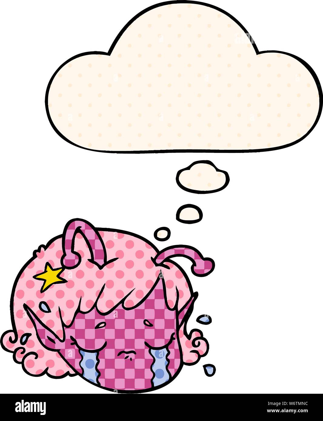 cartoon alien space girl face crying with thought bubble in comic book ...