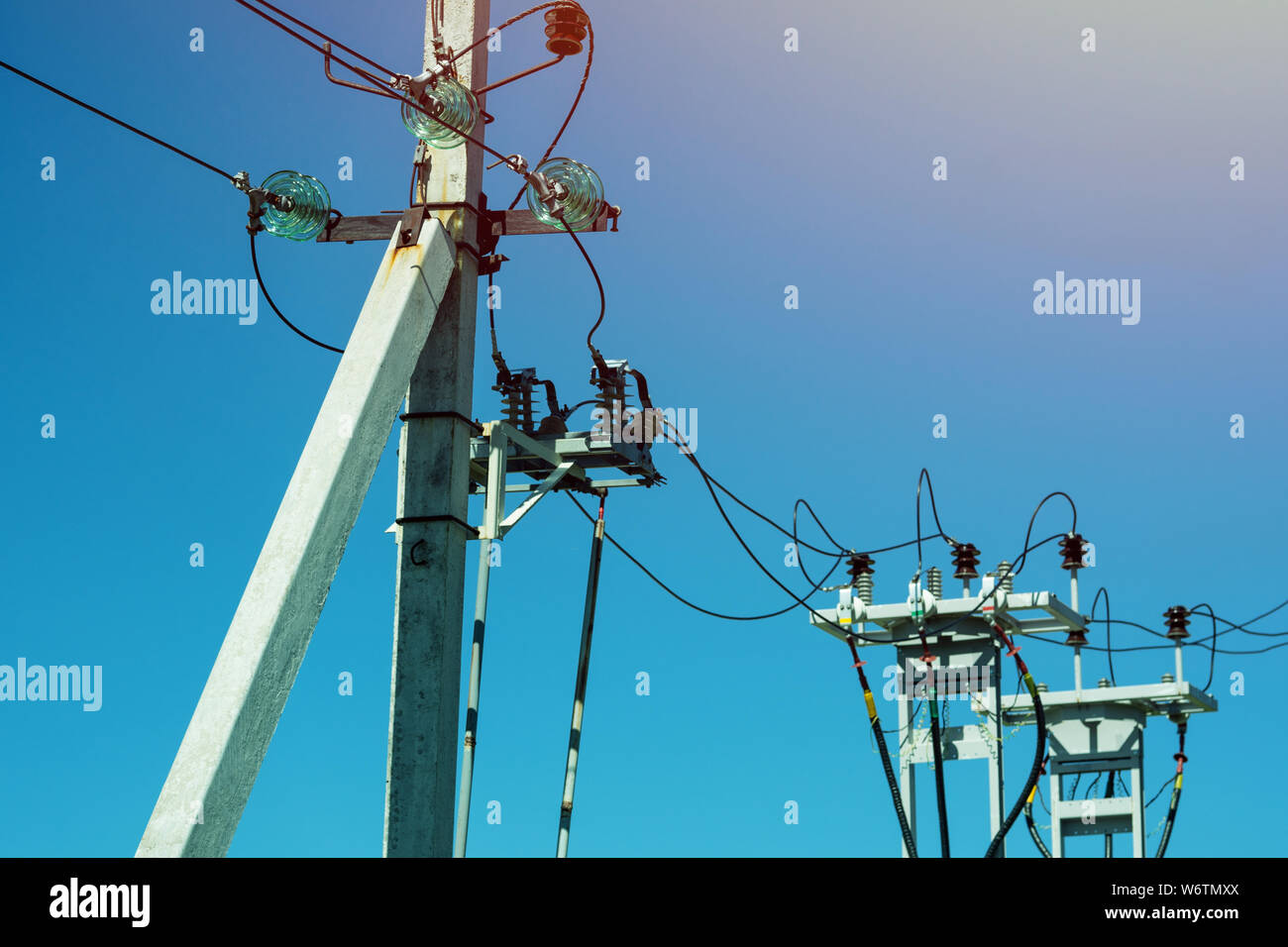 high voltage tower power line for electricity on blue sky with cloudy ...