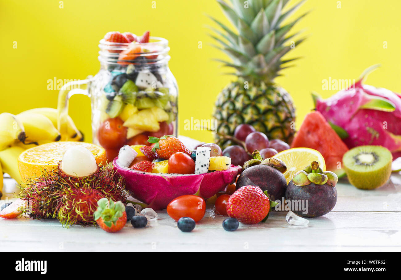 Fruit salad bowl fresh summer fruits and vegetables healthy organic ...