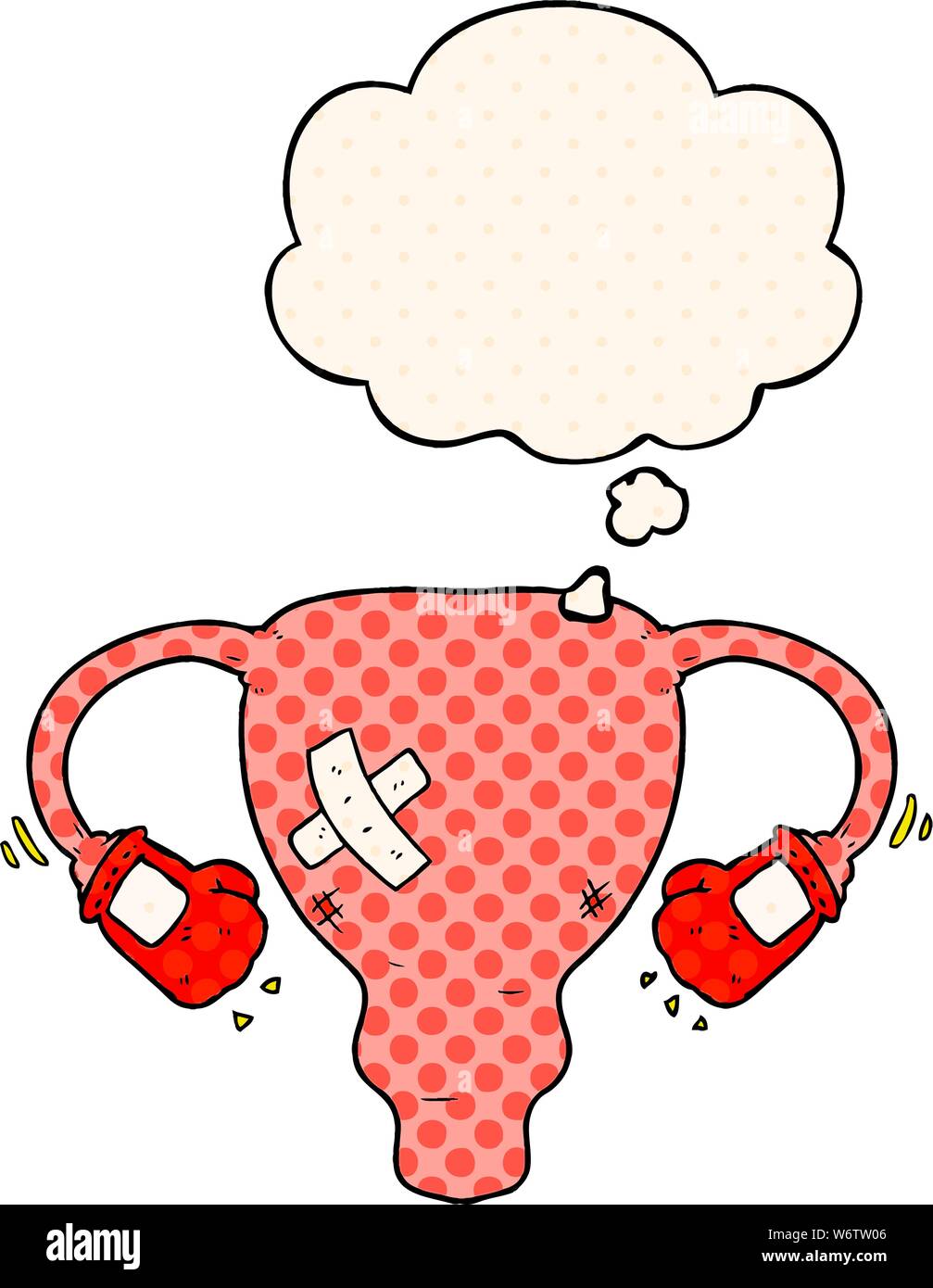 cartoon beat up uterus with boxing gloves with thought bubble in comic ...