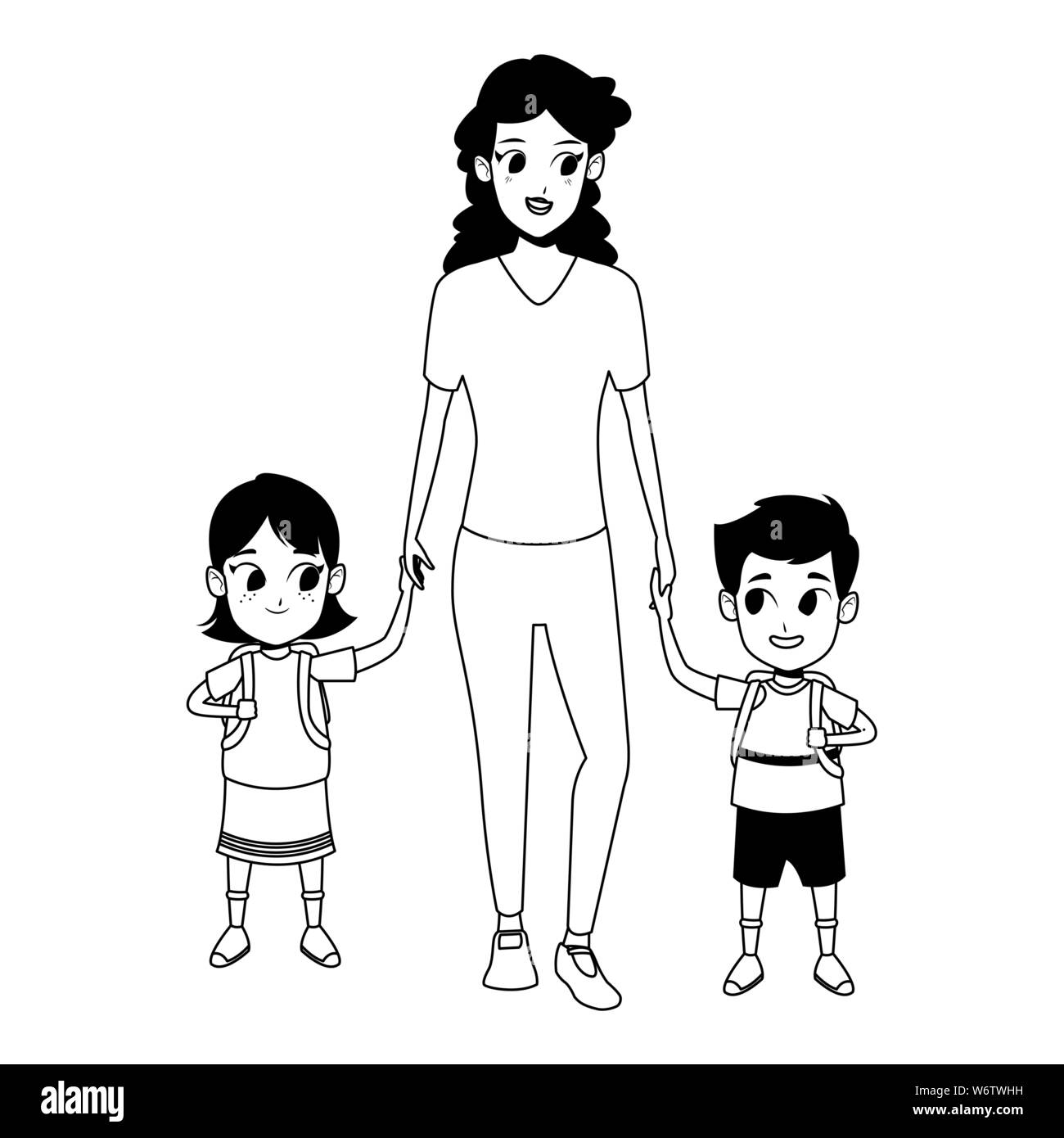 Family single parent with childrens cartoon in black and white Stock ...