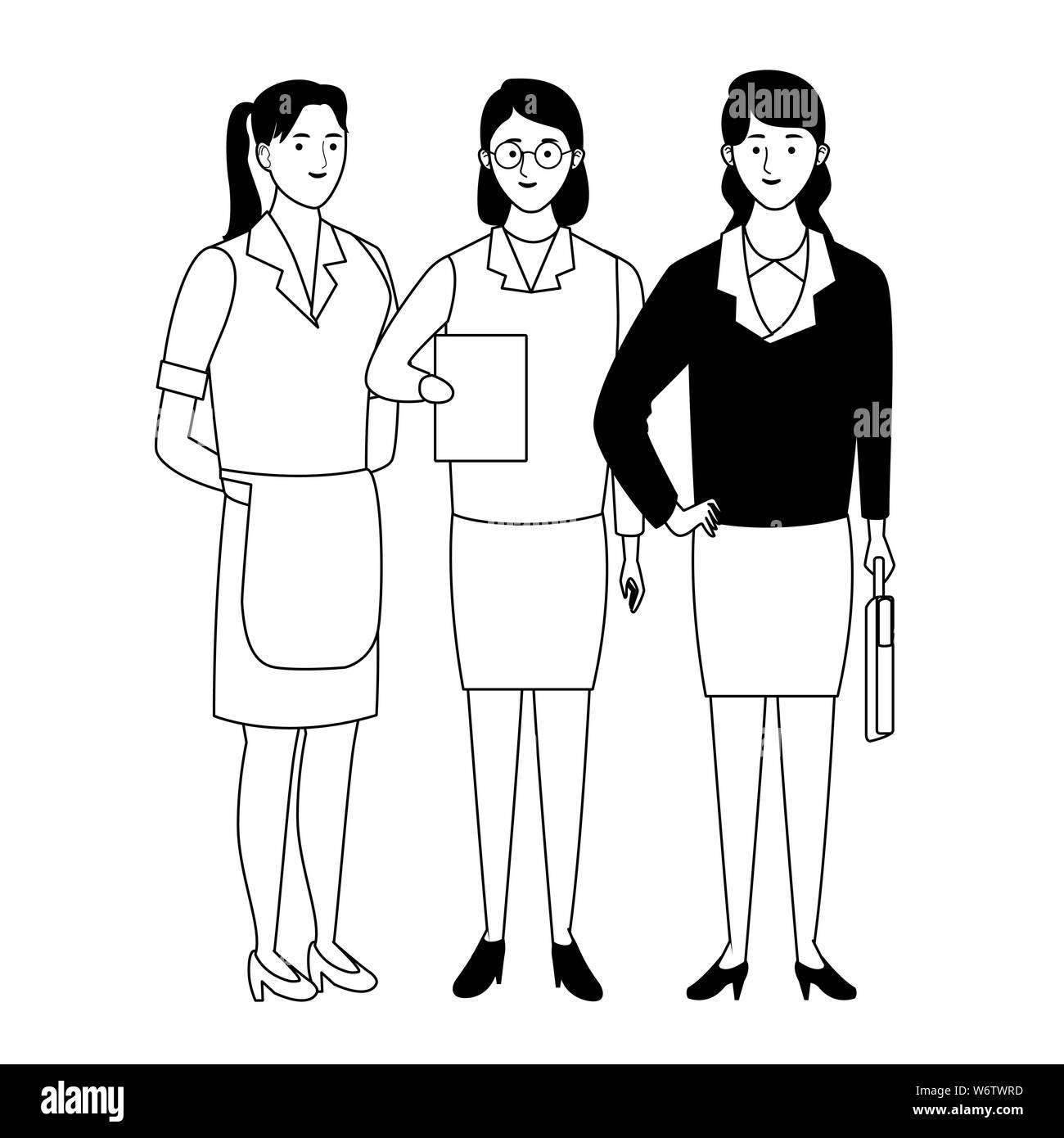 Professionals workers characters smiling cartoons in black and white ...
