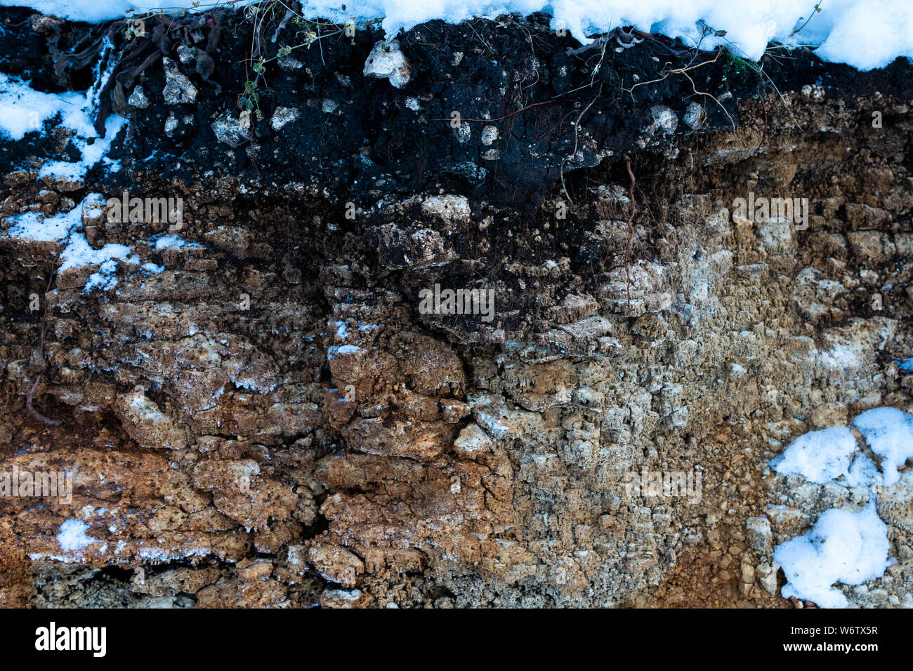 Soil cut-sandstone, stones, clay, sand structure and layers. slice of ...