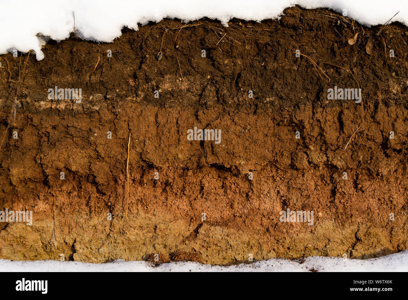 Soil cut-sandstone, stones, clay, sand structure and layers. slice of ...