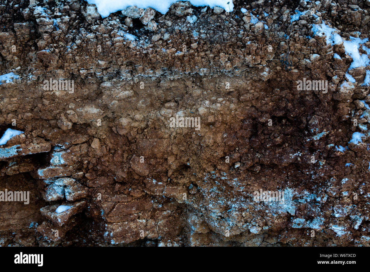 Soil cut-sandstone, stones, clay, sand structure and layers. slice of ...