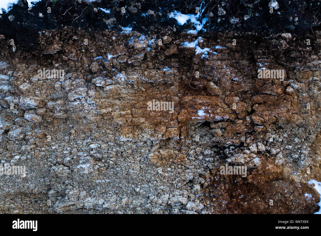 Soil cut-sandstone, stones, clay, sand structure and layers. slice of ...