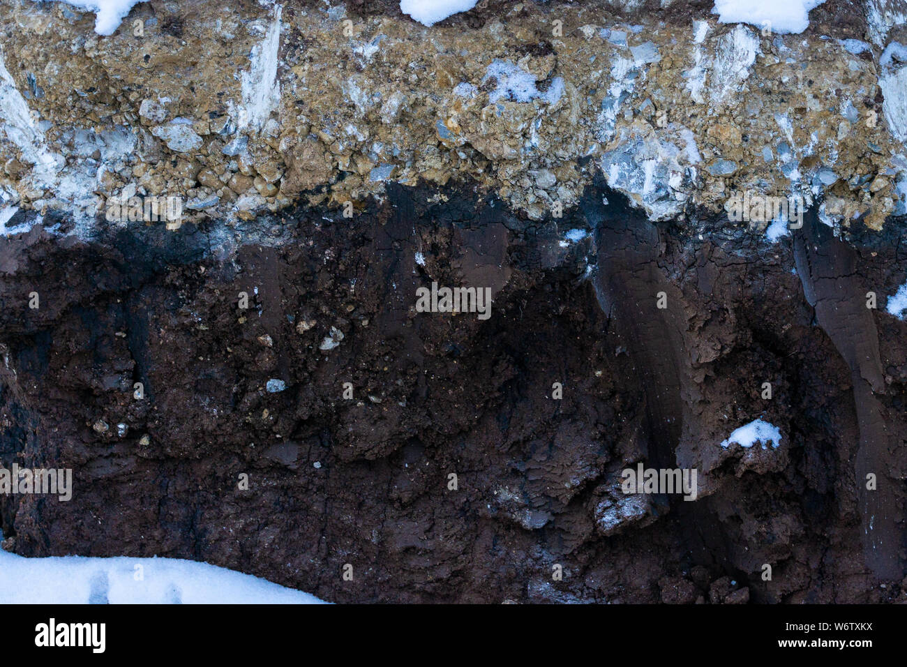 Soil cut-sandstone, stones, clay, sand structure and layers. slice of ...