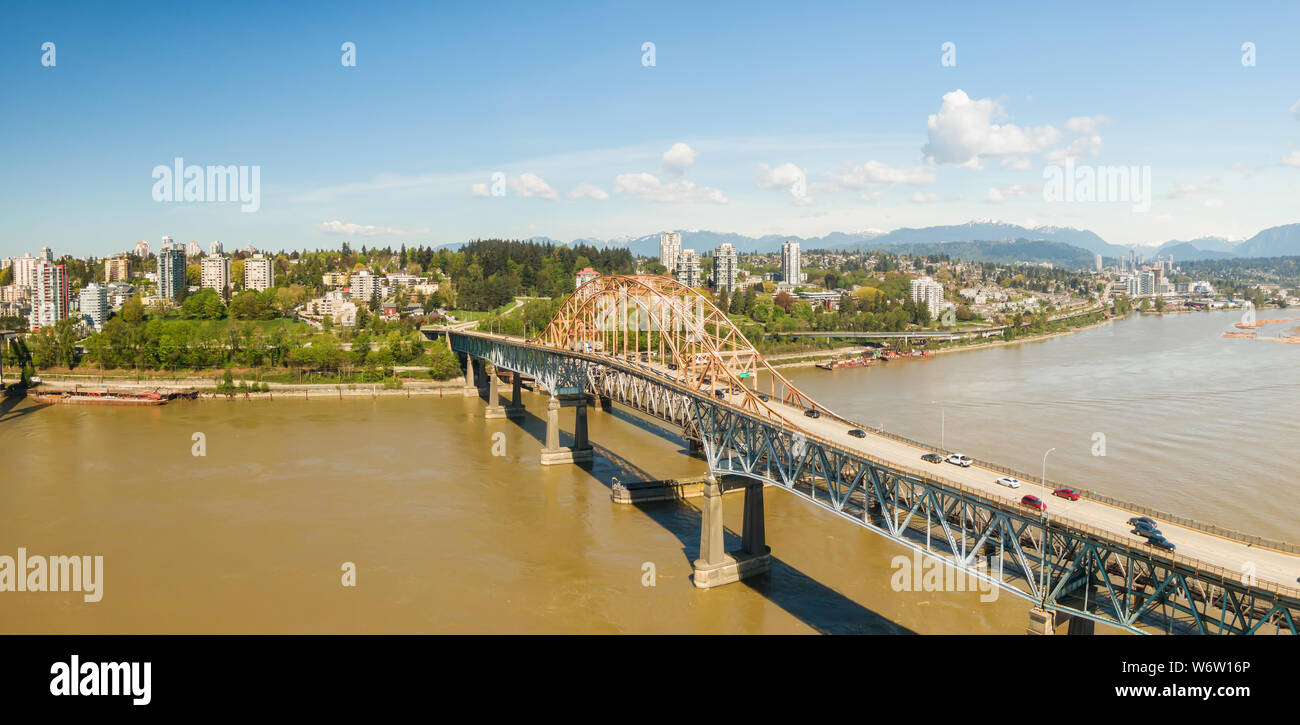 Aerial panoramic view of Pattullo Bridge over the Fraser River. Taken ...