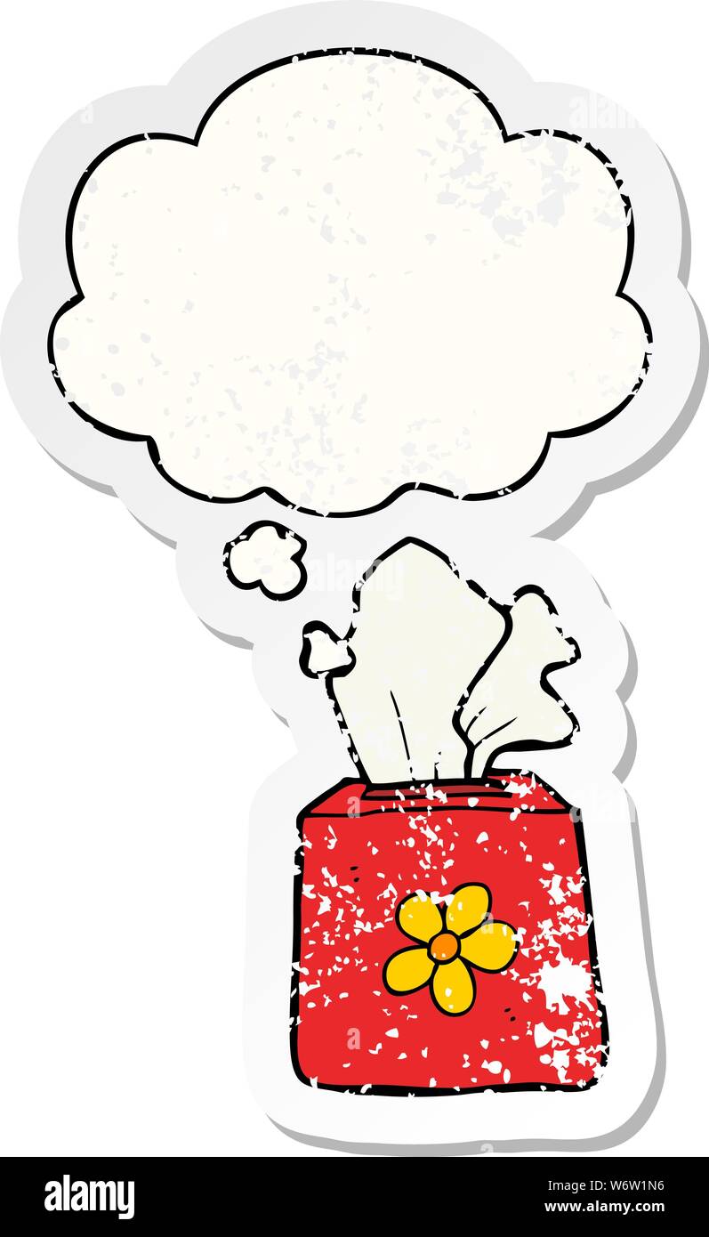 cartoon tissue box with thought bubble as a distressed worn sticker ...