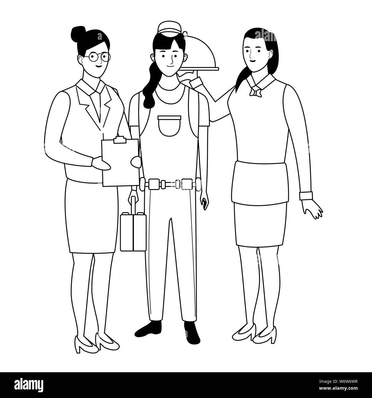 Professionals workers characters smiling cartoons in black and white ...