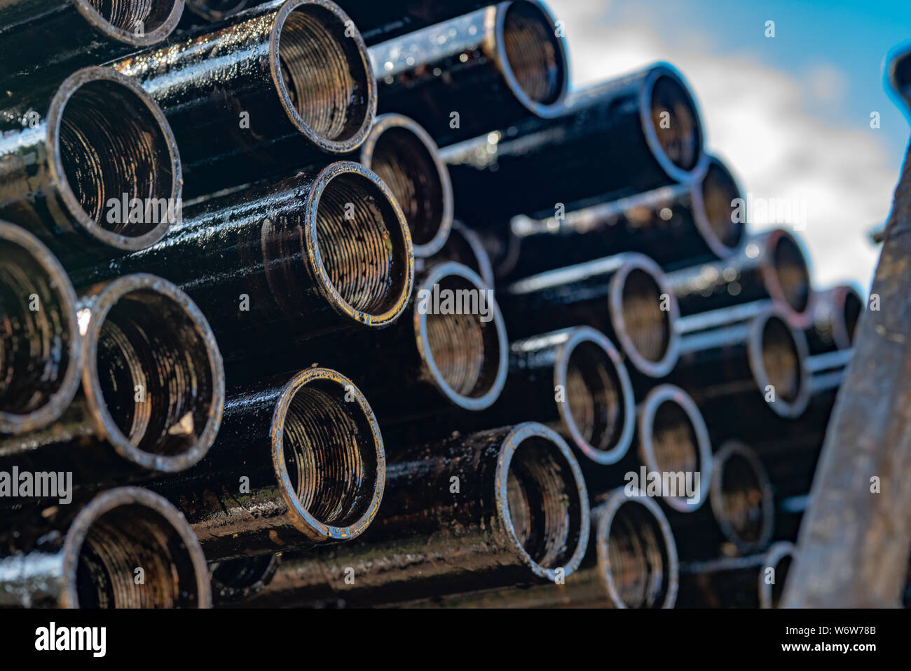 Drillpipe on Oil Rig Pipe Deck. Oil and gas industry. Work of oil pump ...