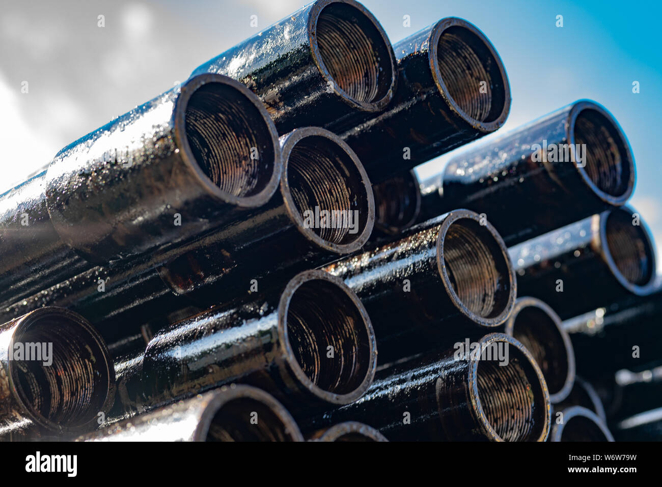 Drillpipe on Oil Rig Pipe Deck. Oil and gas industry. Work of oil pump ...