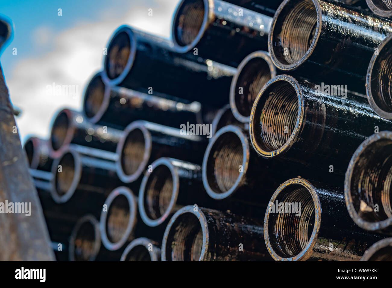 Drillpipe on Oil Rig Pipe Deck. Oil and gas industry. Work of oil pump ...
