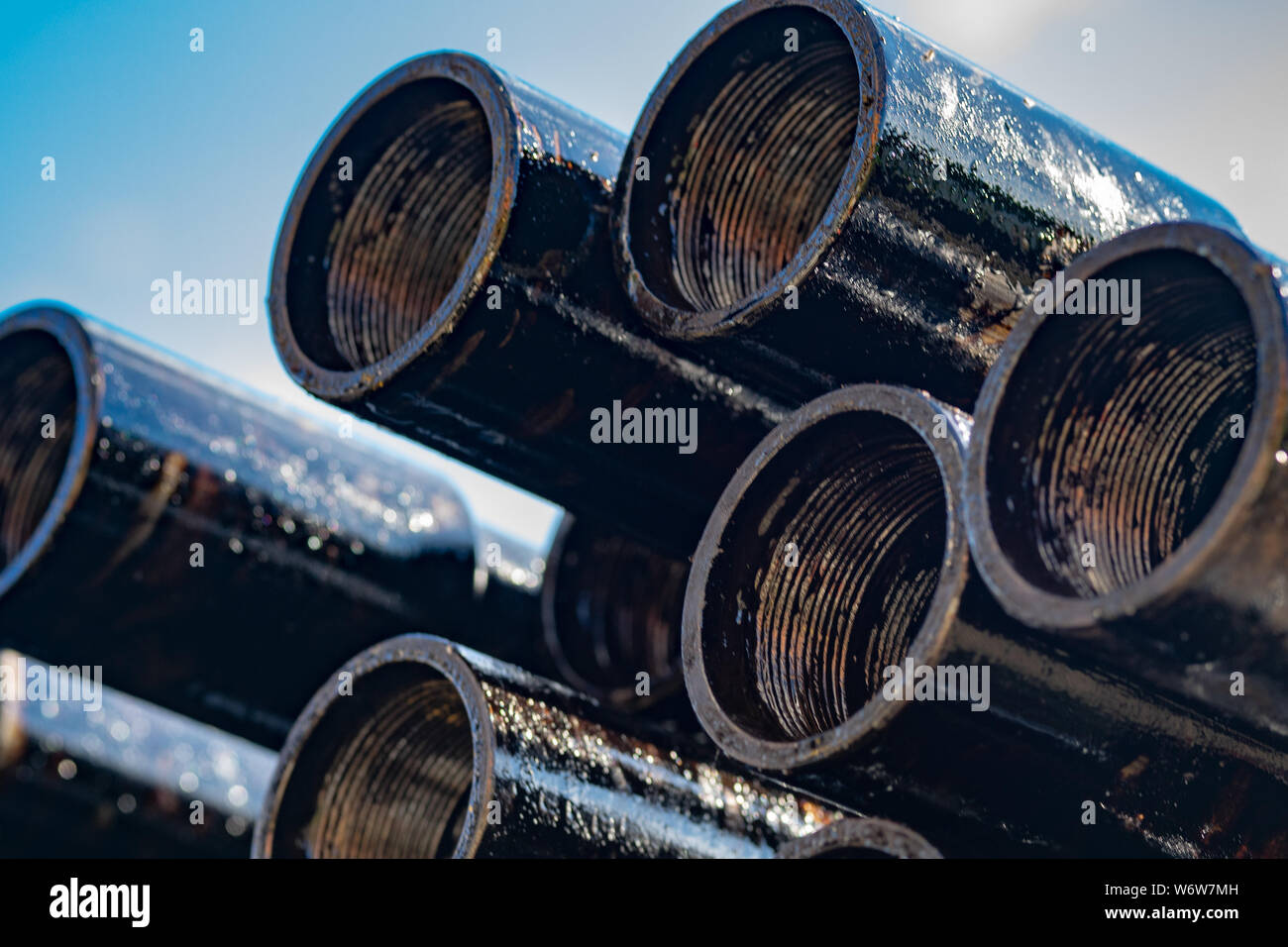 Drillpipe on Oil Rig Pipe Deck. Oil and gas industry. Work of oil pump ...