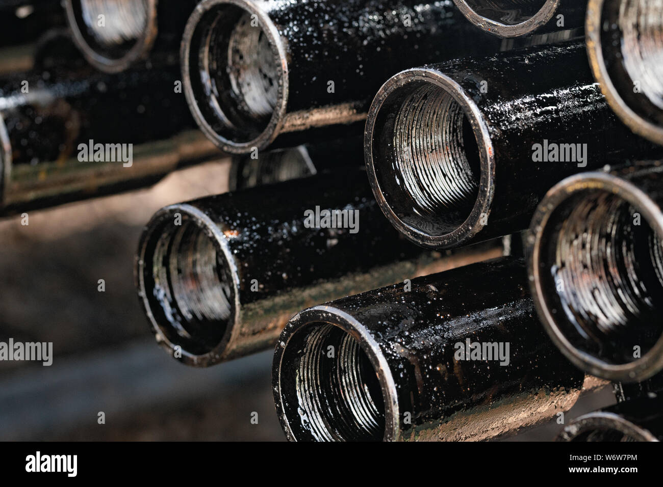 Drillpipe on Oil Rig Pipe Deck. Oil and gas industry. Work of oil pump ...