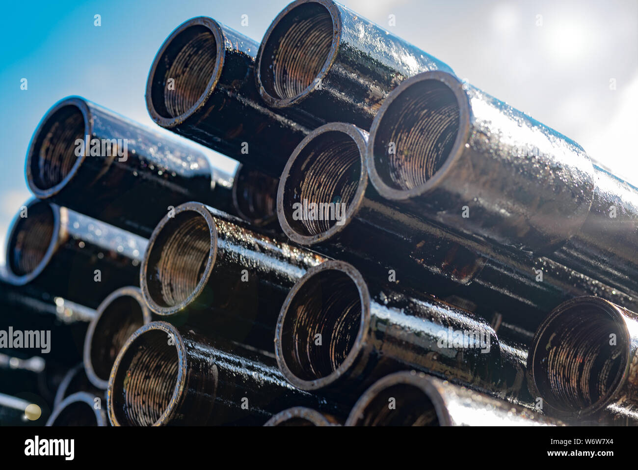Drillpipe on Oil Rig Pipe Deck. Oil and gas industry. Work of oil pump ...