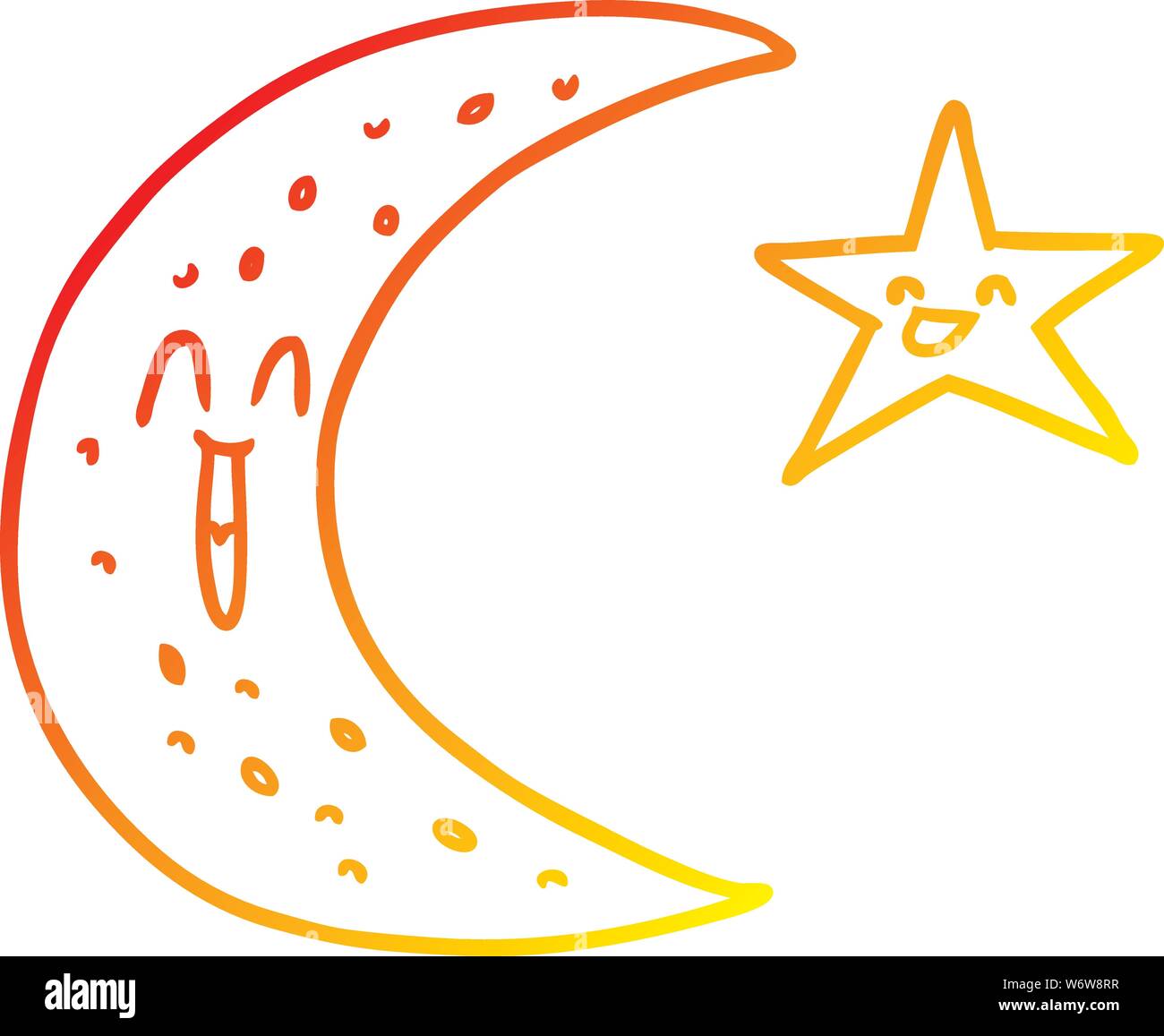 warm gradient line drawing of a happy cartoon moon and star Stock ...