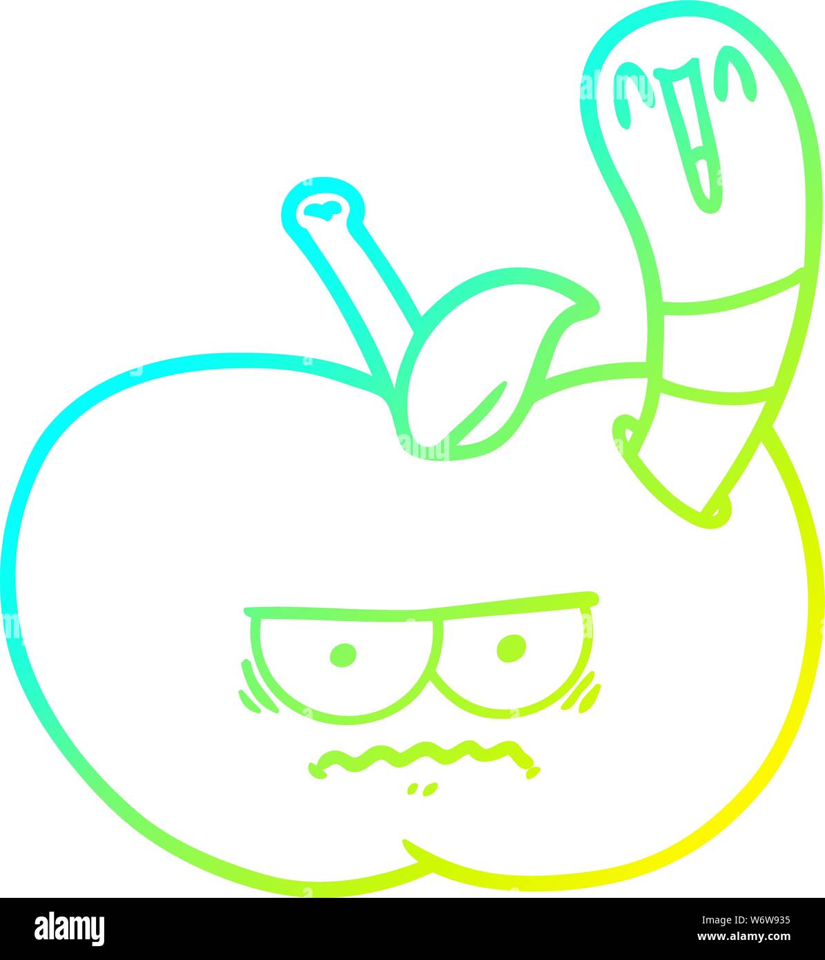 cold gradient line drawing of a cartoon worm eating an angry apple ...