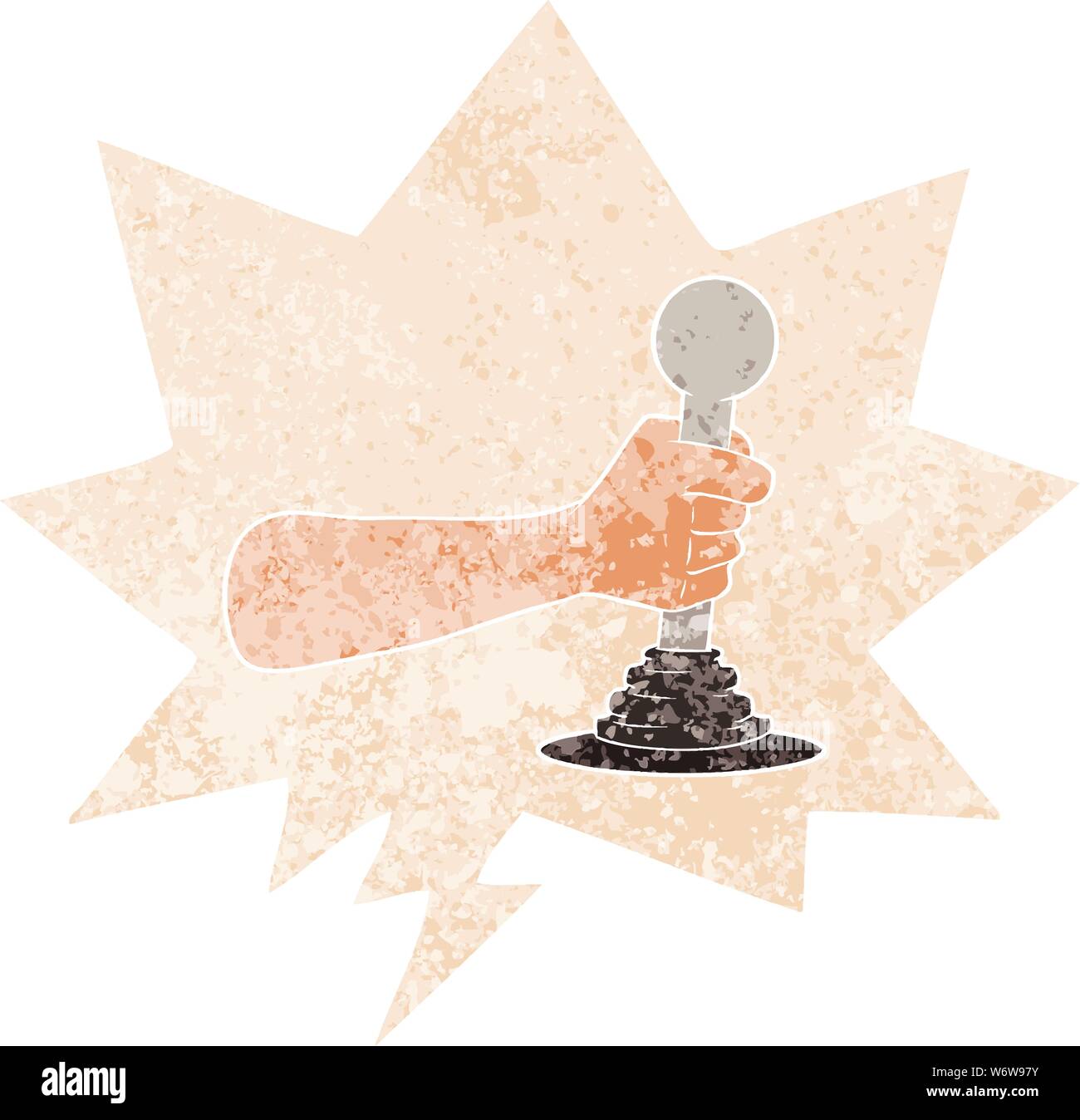 cartoon hand pulling lever with speech bubble in grunge distressed ...