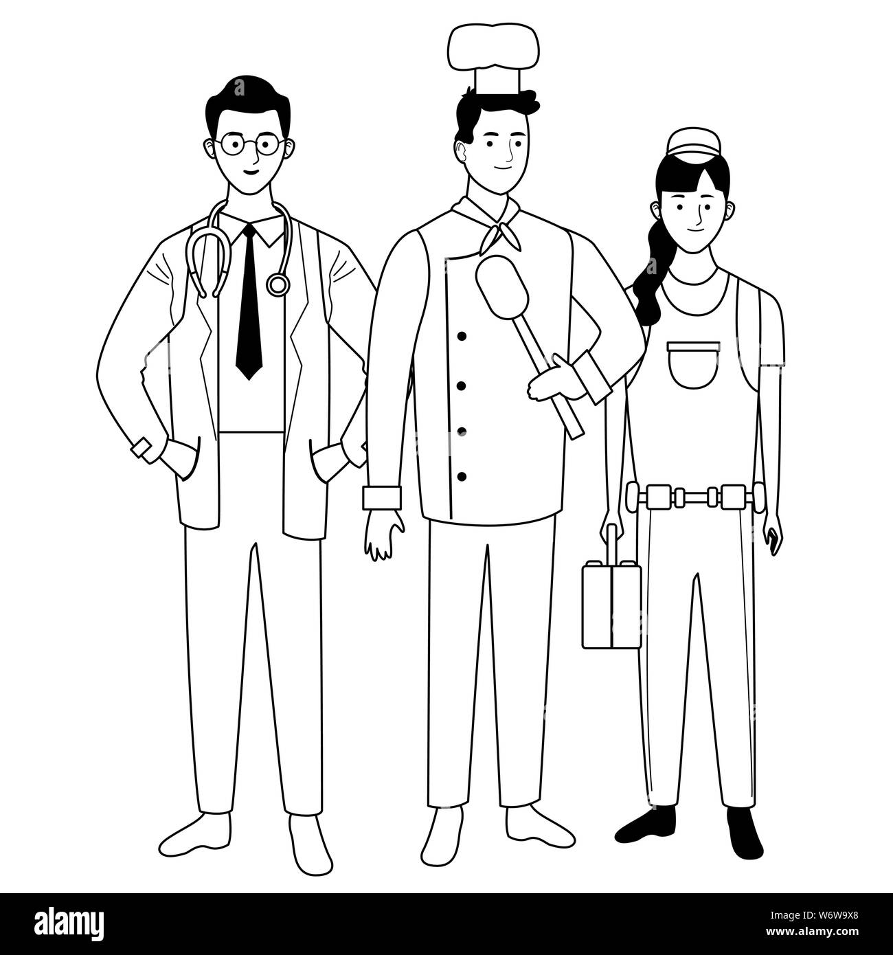 Professionals workers characters smiling cartoons in black and white ...