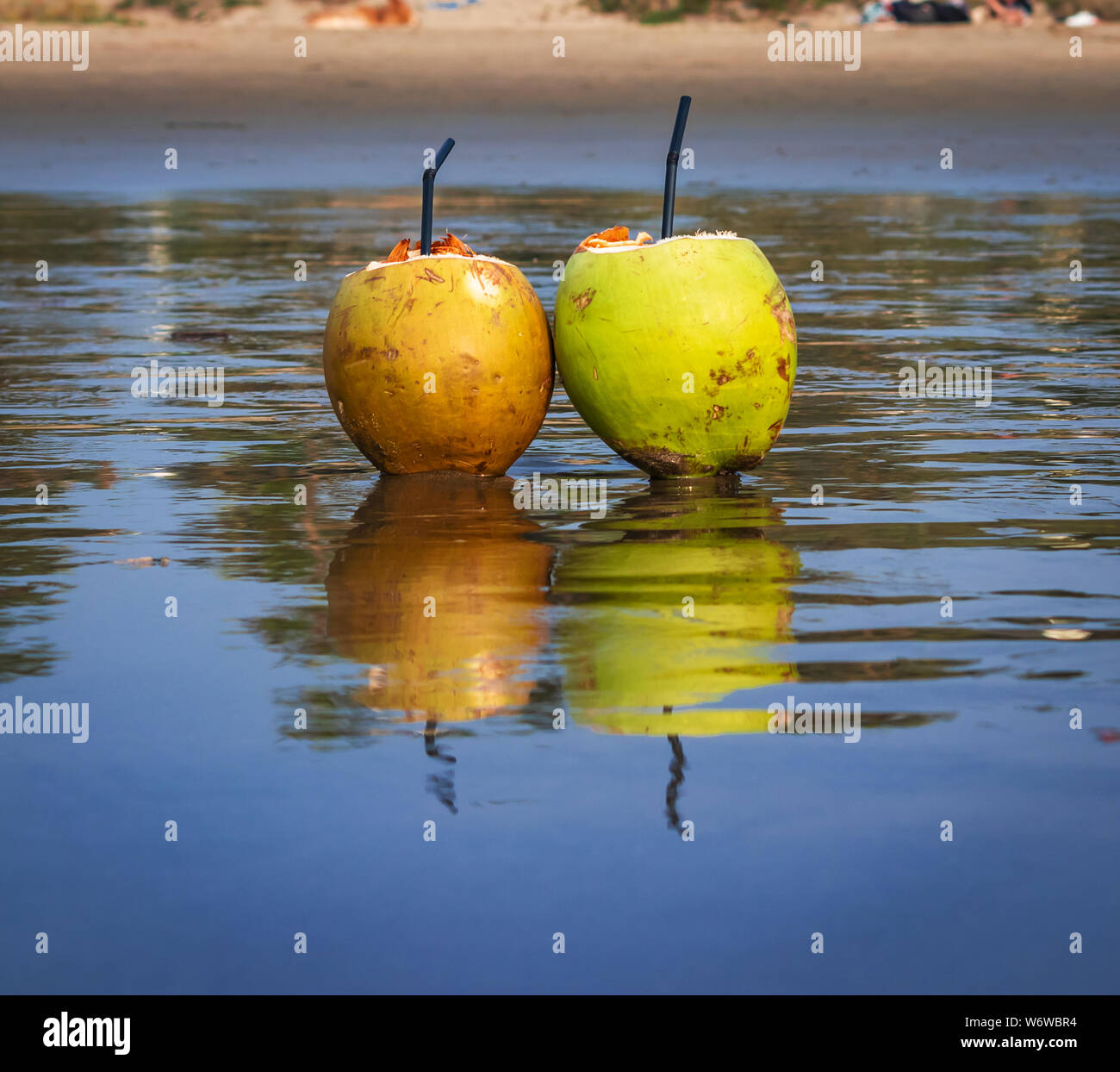 fresh coconut water with straws served on the beach with reflection in ...