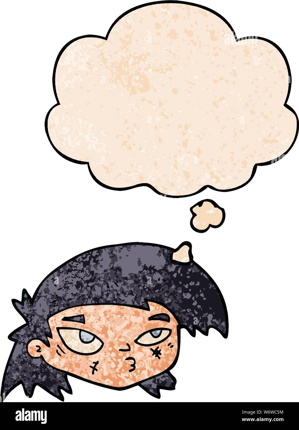 cartoon scratched up face with thought bubble in grunge texture style ...